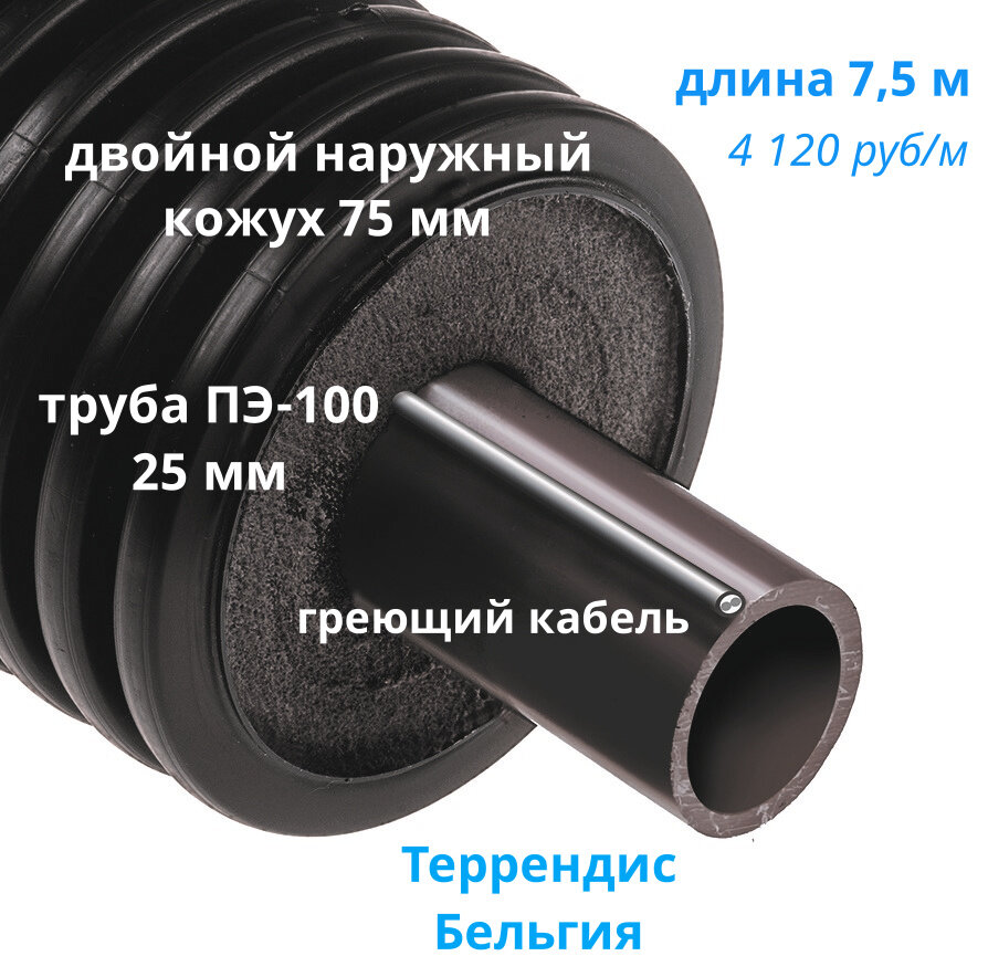 C7525W10 7,5 м незамерзающая теплотрасса с греющим кабелем для холодной воды или канализации, кожух 75мм, труба 25х2,3