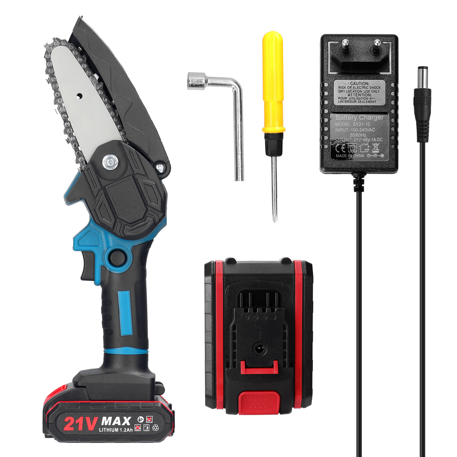 21 В 4-дюймовая портативная электрическая пила для обрезки деревьев, небольшая цепная пила для колки дров, щеточный двигатель, одноручный инструмент для работы по дереву в саду или фруктовом саду.