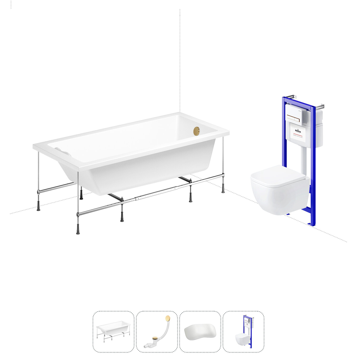 Акриловая ванна 170x80 с каркасом Lavinia Boho Element 20221064R в наборе 5 в 1: ванна, ножки, слив-перелив, подголовник, унитаз в комплекте