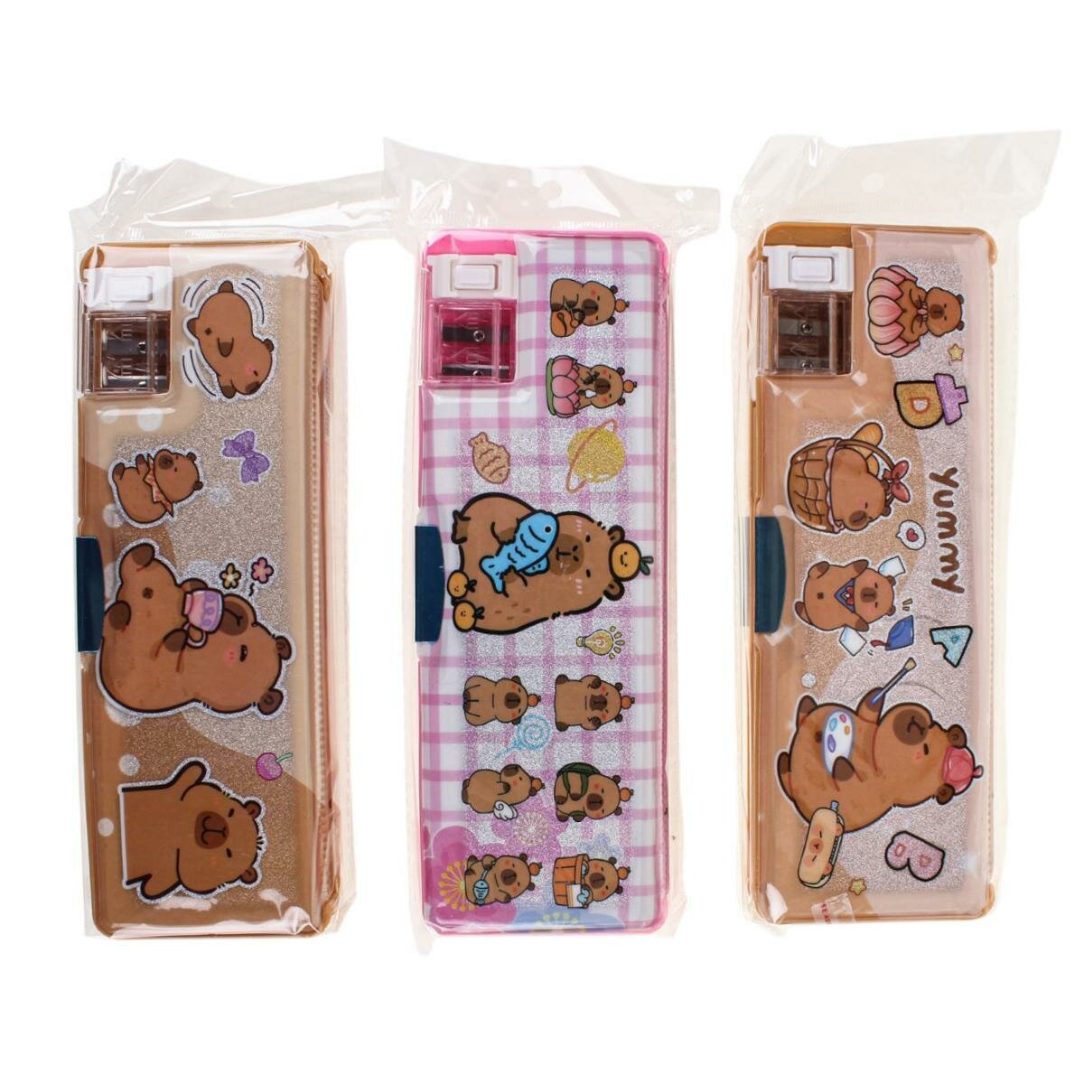 Пенал пластиковый "Капибара" с блестками, 2 отсека, с точилкой, микс, 1 шт.