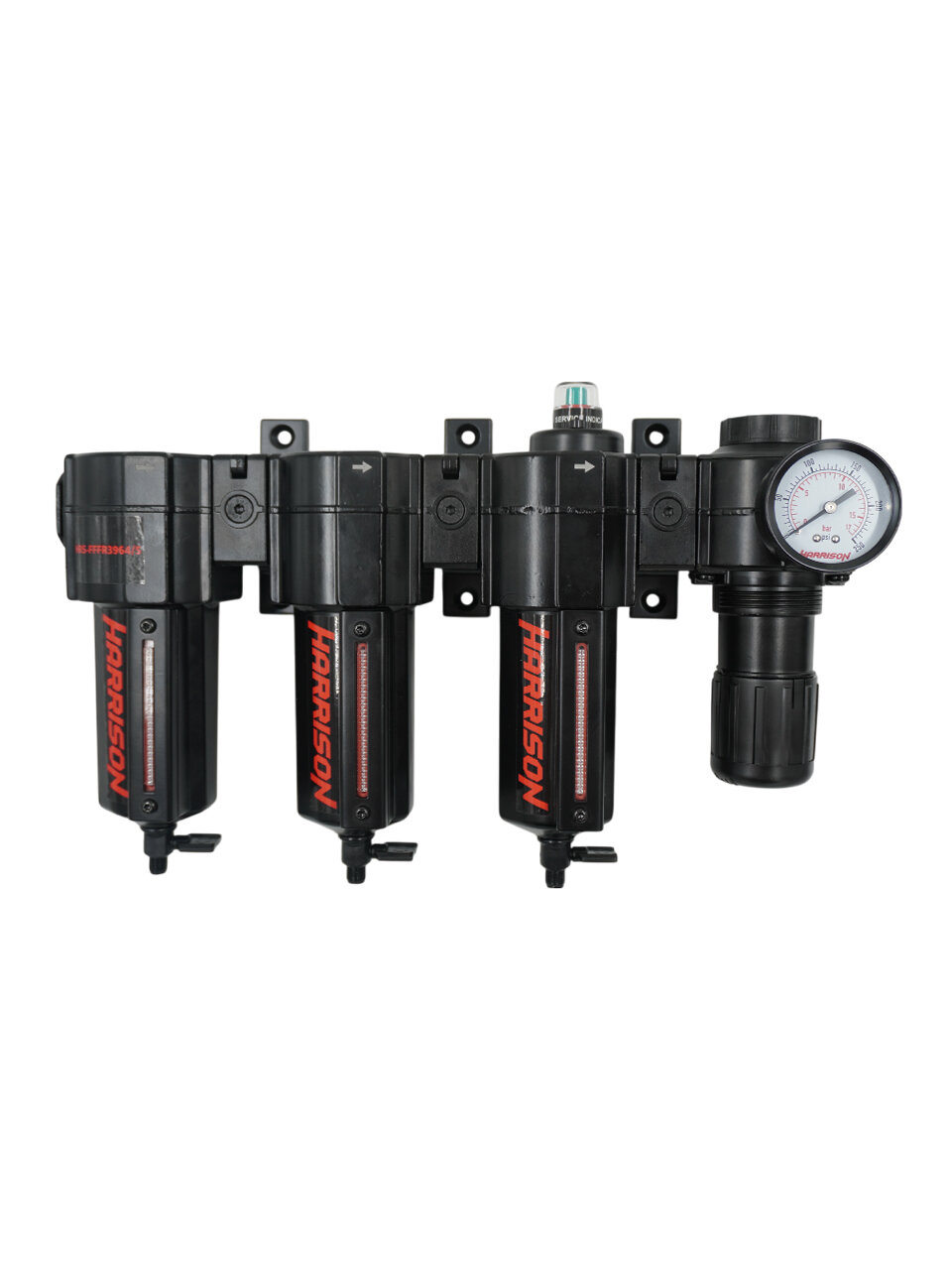 Блок подготовки воздуха с фильтрами 5 мкм и 1 мкм (3964 л/мин), масляным фильтром 0,01 мкм (990 л/мин) и регулятором