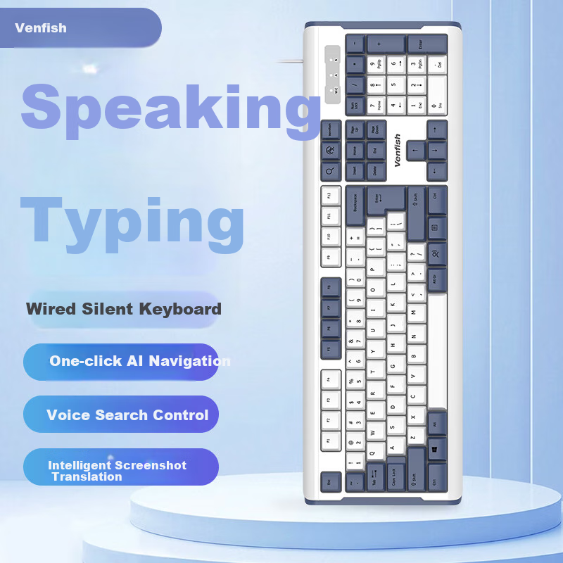 VENFISH AI Keyboard Silent Wired Desktop Laptop Office Universal Voice Control Typing Support DeepSeek Blue White