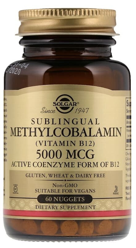 Solgar Sublingual Methylcobalamin Vitamin B-12, Сублингвальный Метилкобаламин Витамин В-12 5000 мкг 60 жев. таблеток