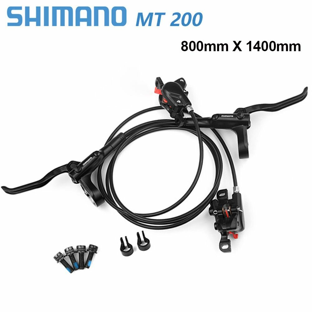 Гидравлический тормоз для велосипеда Shimano MT200, двухпоршневый, передний (левый) 800 мм / задний (правый) 1400 мм