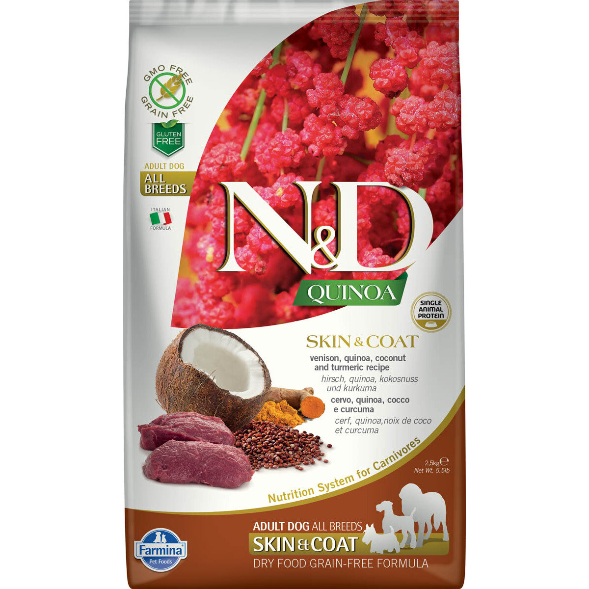 Farmina ND Quinoa Dog Grain Free Skin Coat сухой беззерновой корм для взрослых собак для кожи и шерсти с олениной 2,5 кг