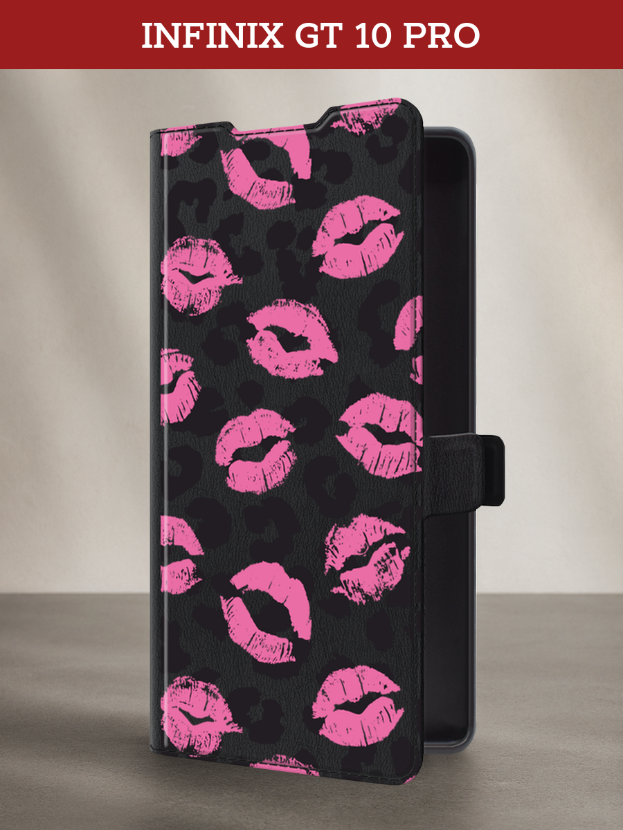 Чехол-книжка на Infinix GT 10 Pro / Инфиникс GT 10 Про с принтом Lips and leopard pattern, черный