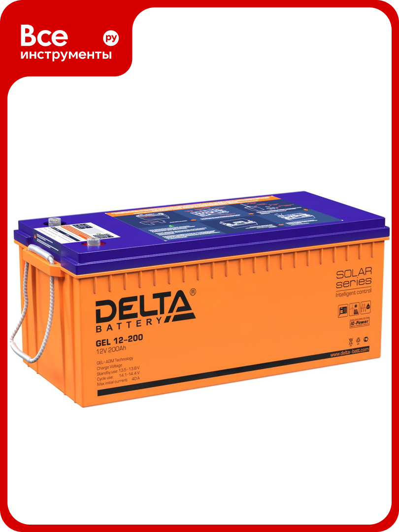Батарея аккумуляторная Delta GEL 12-200, пластик, для работы как в буферном обратная полярность с болтовыми клеммами