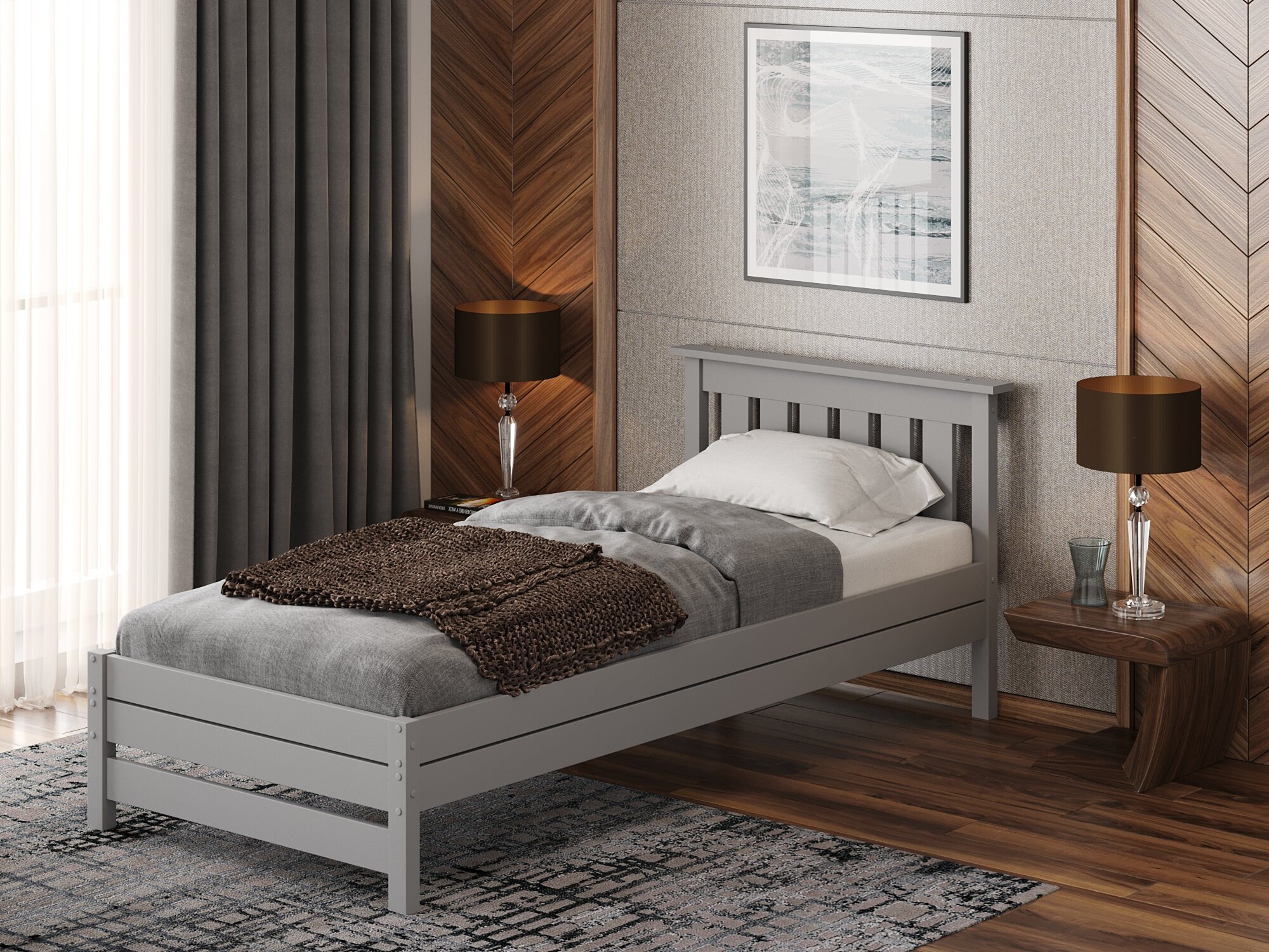 Кровать односпальная 200х90 "юность 7" массив берёзы, серый