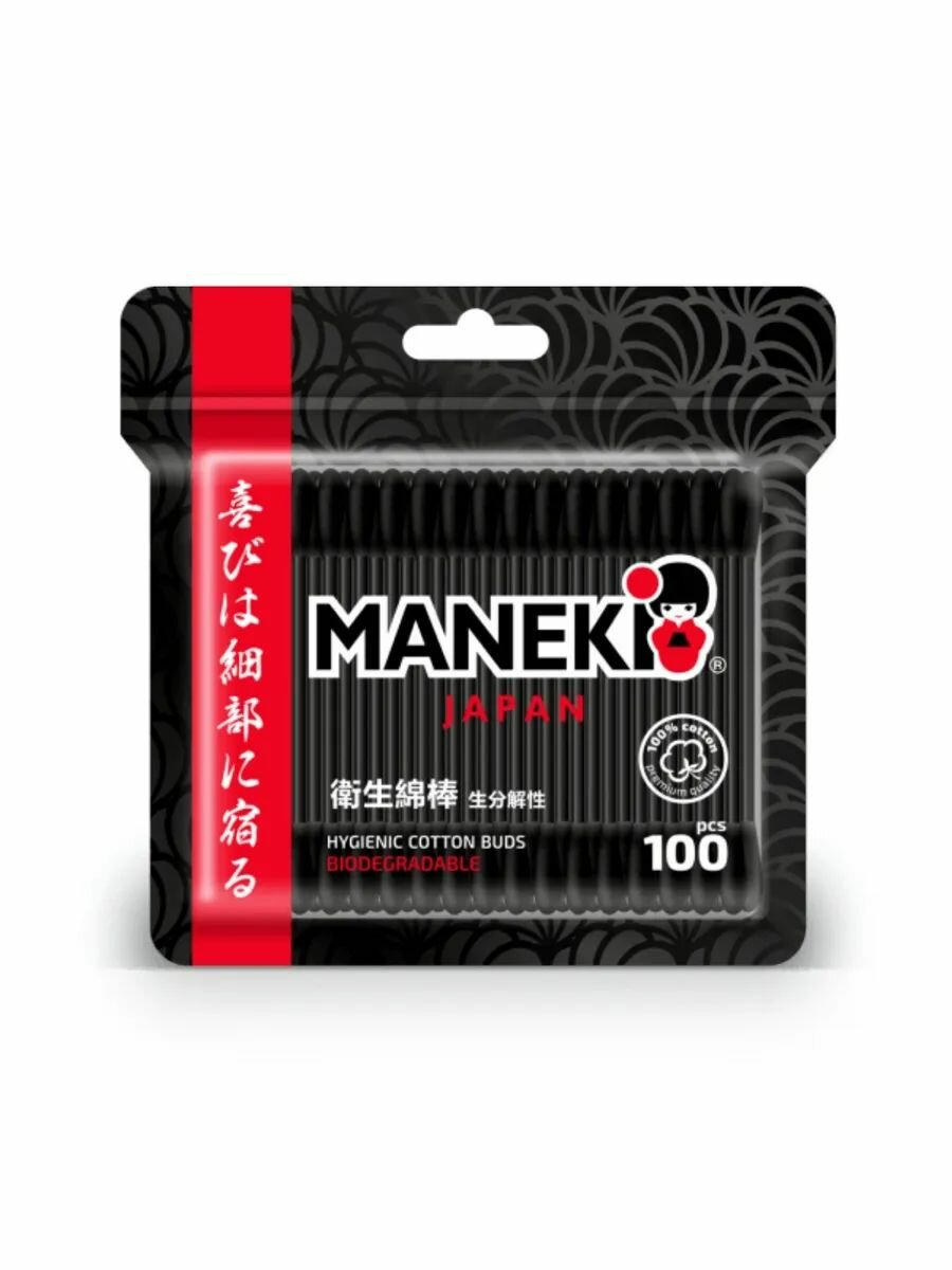 Палочки ватные Maneki B&W с черным стиком в zip-пакете 100шт