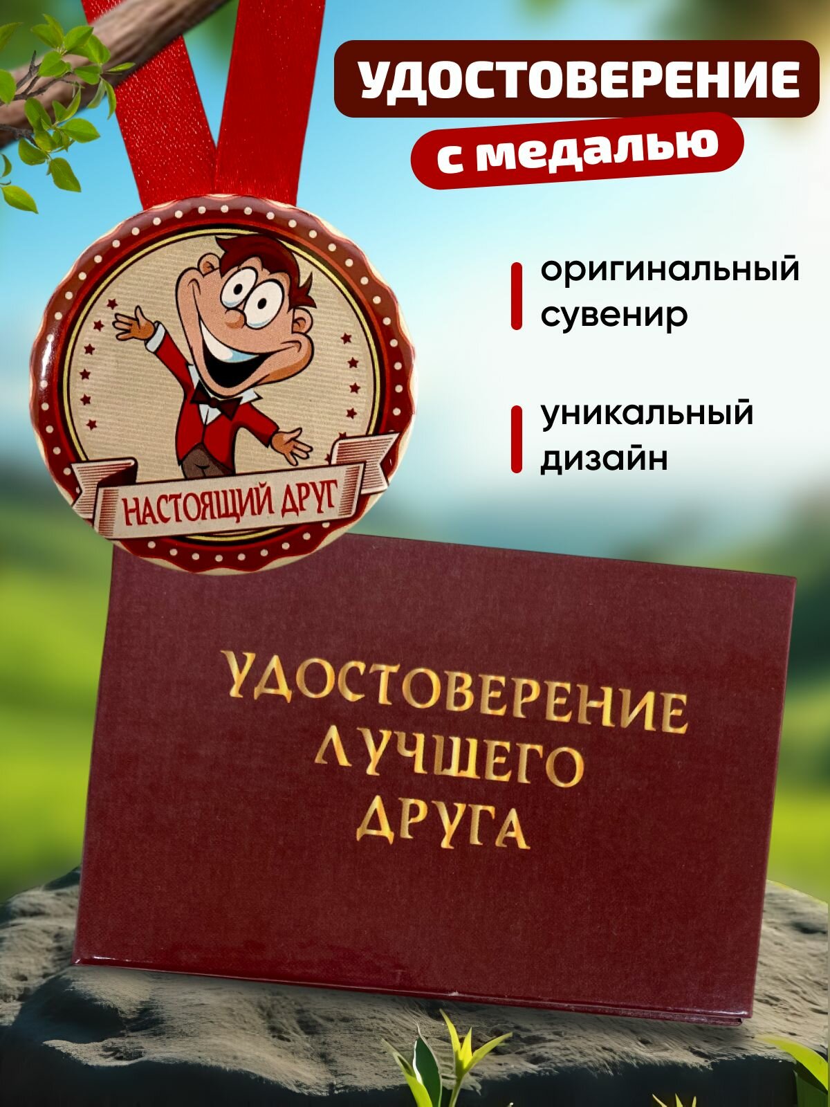 Прикольный набор Удостоверение шуточное "Лучшего друга" + Медаль "Настоящий", подарок другу, коллеге, брату