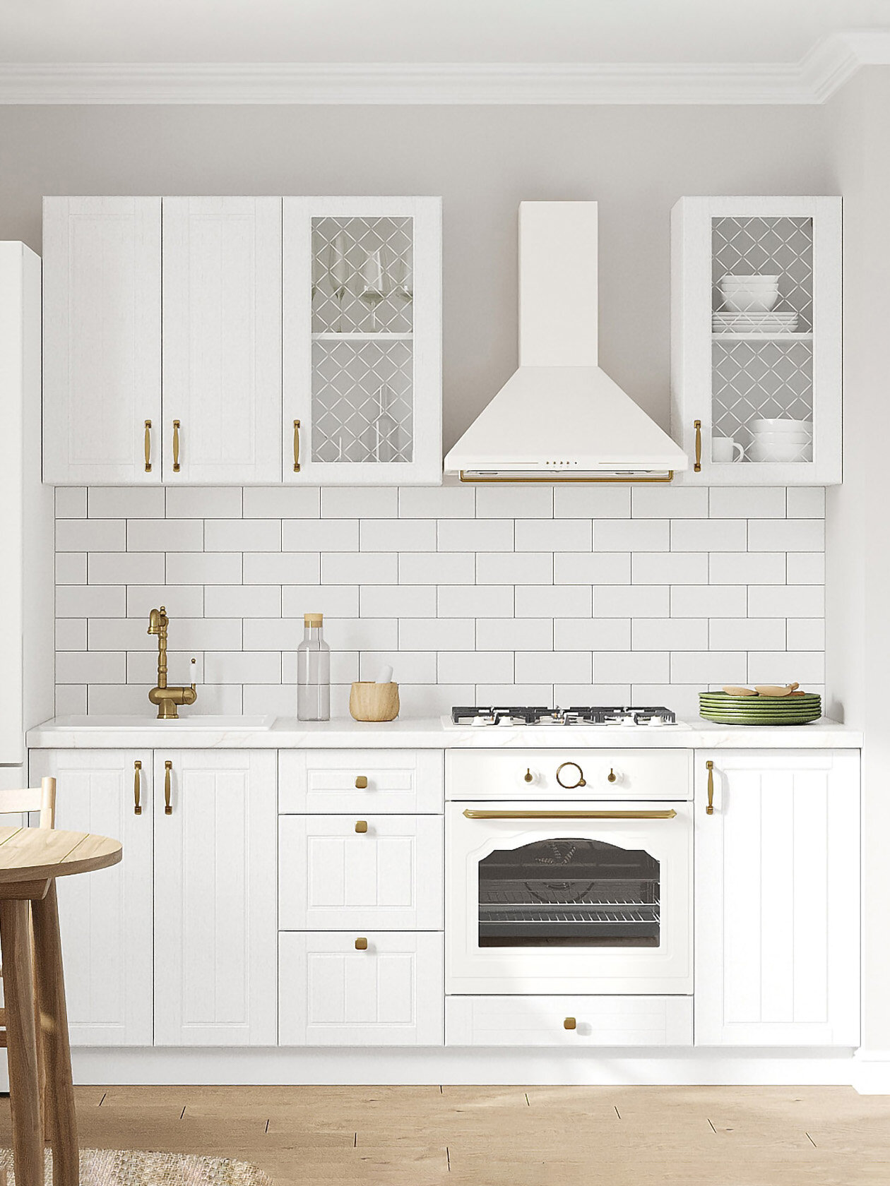 Кухонный гарнитур Флоренс 2 м, мебель для дома и кухни, Белый / Белый текстурный со стеклом