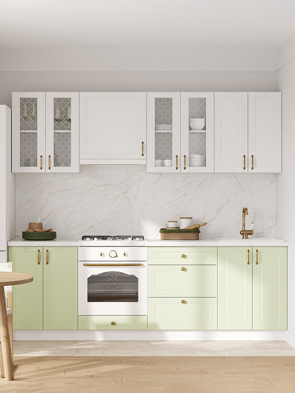 Кухонный гарнитур Флоренс 2.4 м, мебель для дома и кухни, Белый / Белый текстурный со стеклом / Фисташковый структурный