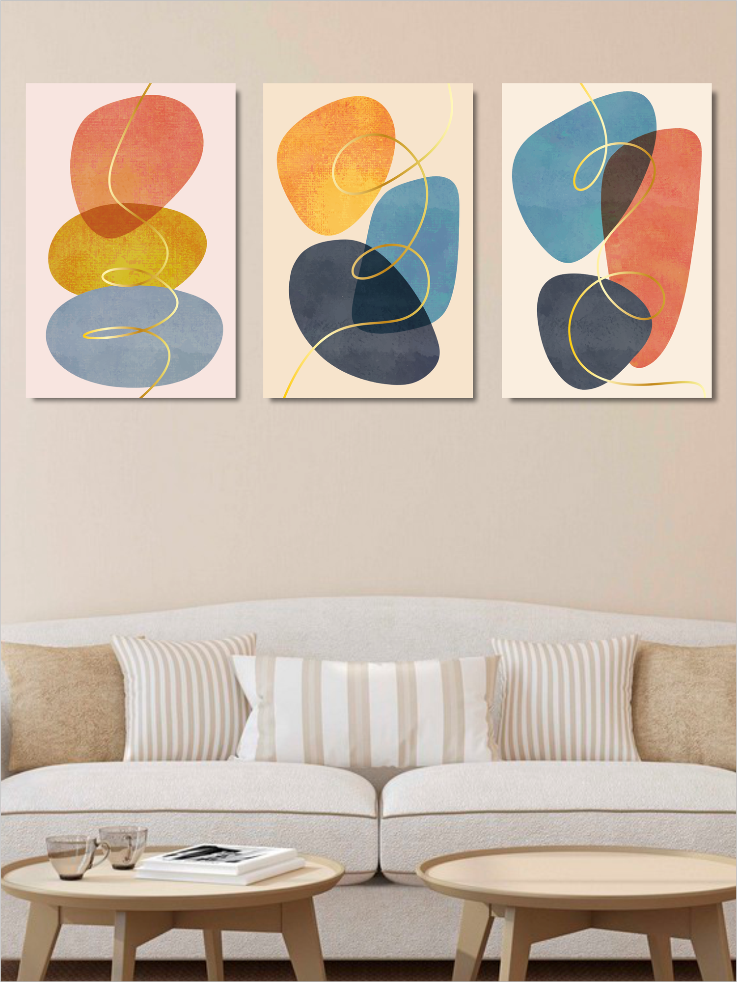 Модульная интерьерная картина " Абстрактная геометрия - цветовой акцент ", холст на подрамнике, размер 40х60см - 3 шт