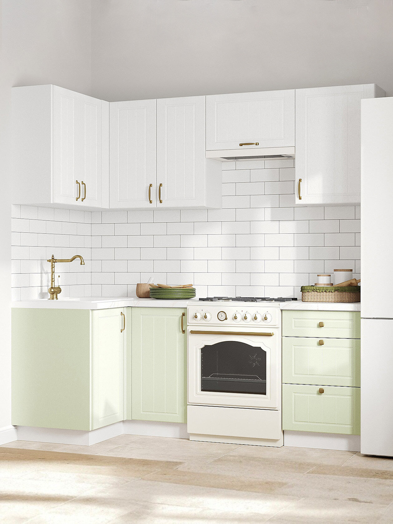 Кухонный гарнитур угловой Флоренс 2.1х1 м, мебель для дома и кухни, Белый / Белый текстурный / Фисташковый структурный