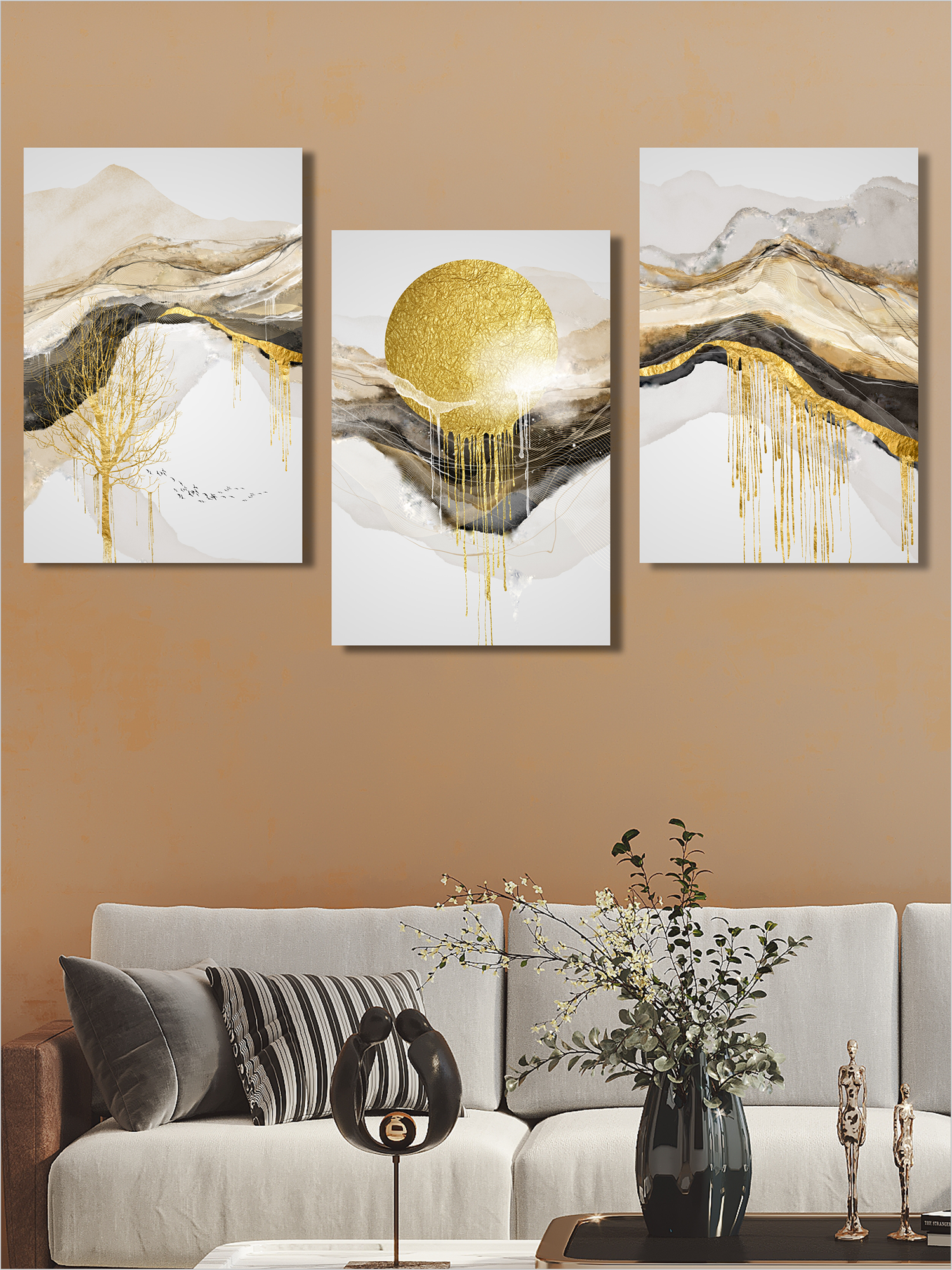 Модульная интерьерная картина " Золотое солнце в горах ", натуральный холст на подрамнике, размер 50х75см - 3 шт