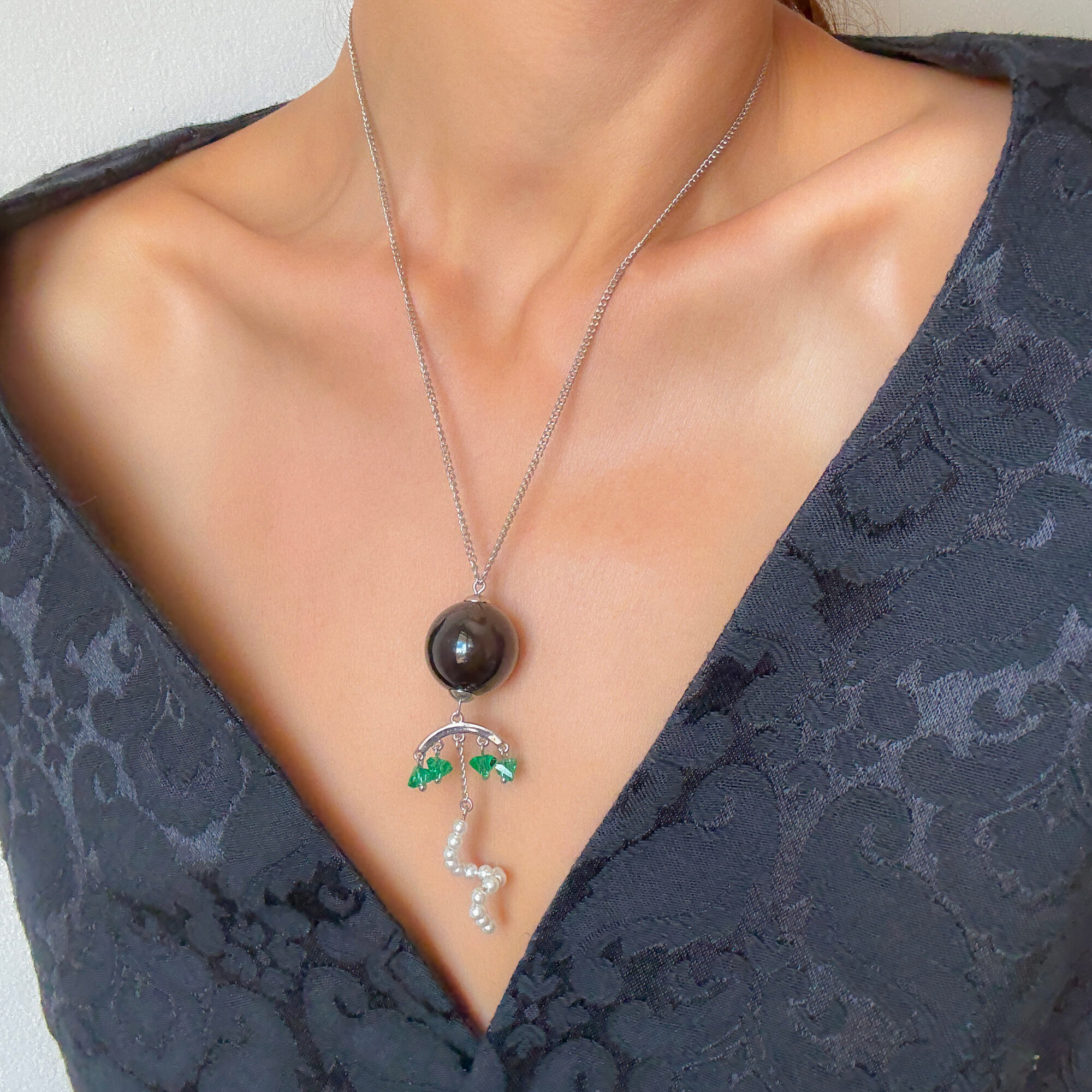 Колье, агат, стекло, жемчуг имитация