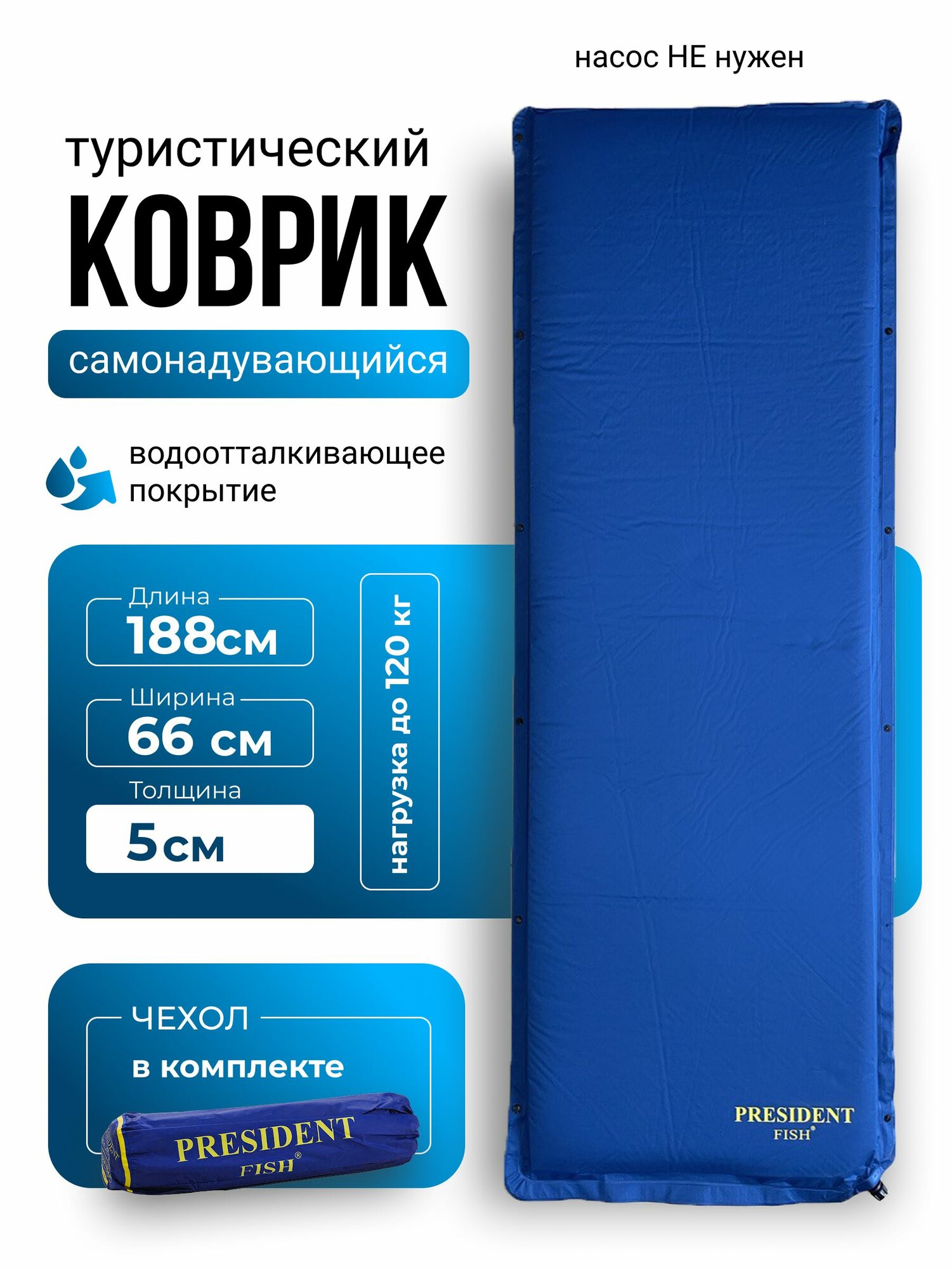 Коврик самонадувающийся туристический PRESIDENT FISH 8805112 PF-05WP синий