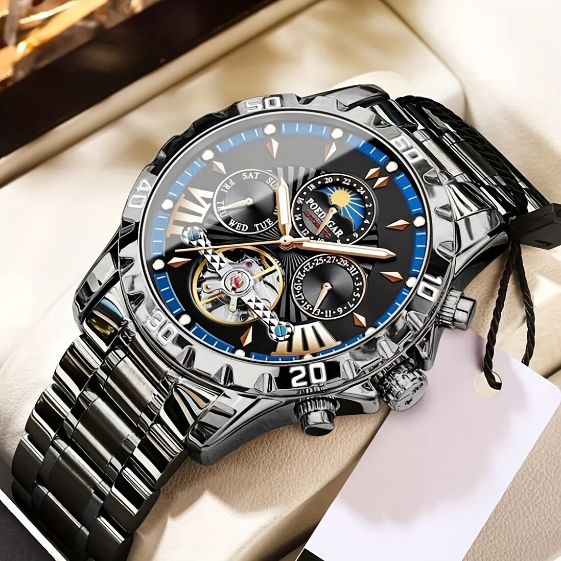 Мужские механические наручные часы со светящимися стрелками, турбийоном, фазой луны, календарем и браслетом из нержавеющей стали – повседневно-деловой аналоговый циферблат без батареек