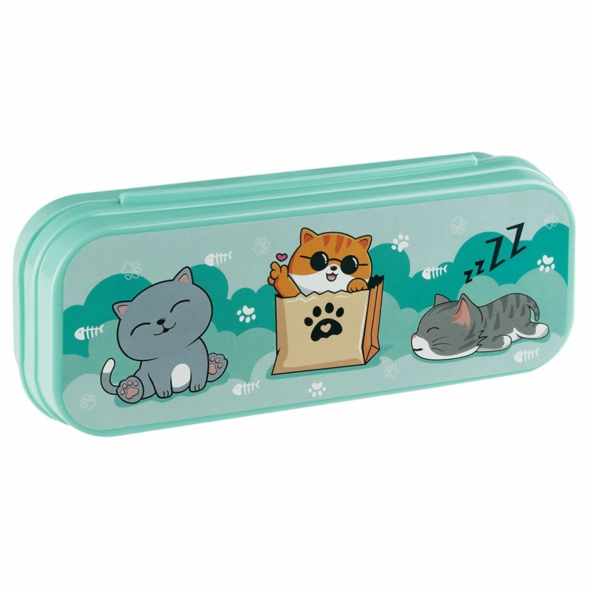 Пенал-футляр пластиковый 1 отделение 215*90*43 СТАММ Коты бирюзовый