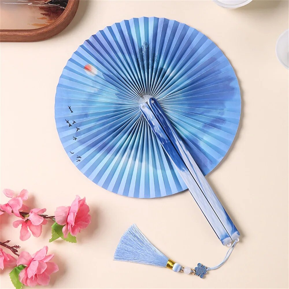 Бумажный круглый веер, китайский стиль Синий, Style 6
