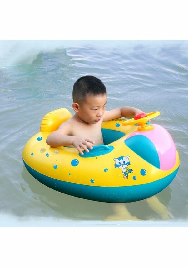 Детская надувная лодка с рулём и сигналом, с солнцезащитным тентом, 6-18 месяцев. Цвет: жёлтый - синий.
