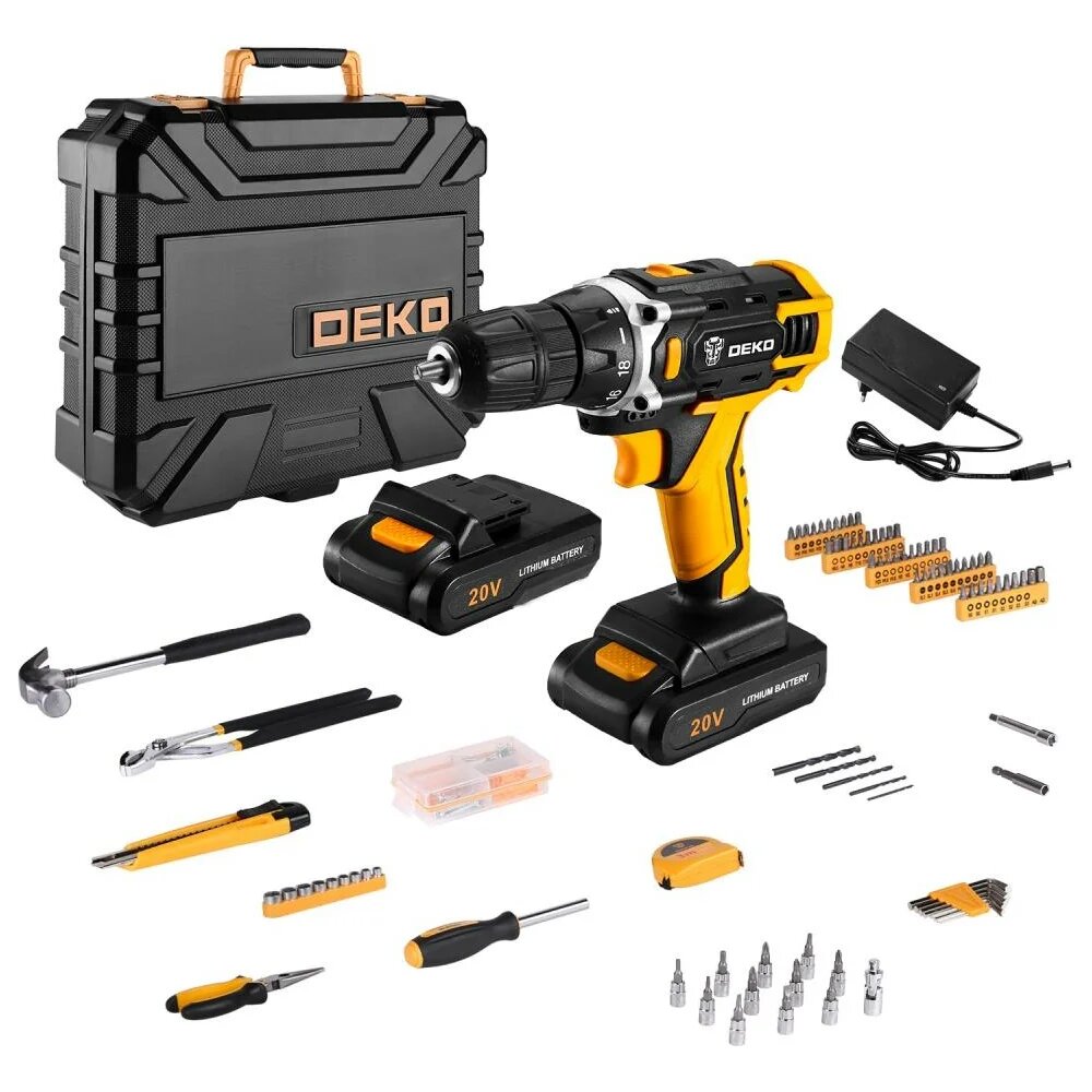 DEKO Аккумуляторная дрель-шуруповертDKCD20FU-Li в кейсе + набор 195 инструментов для дома, 20В, 2х2.0Ач 063-4135