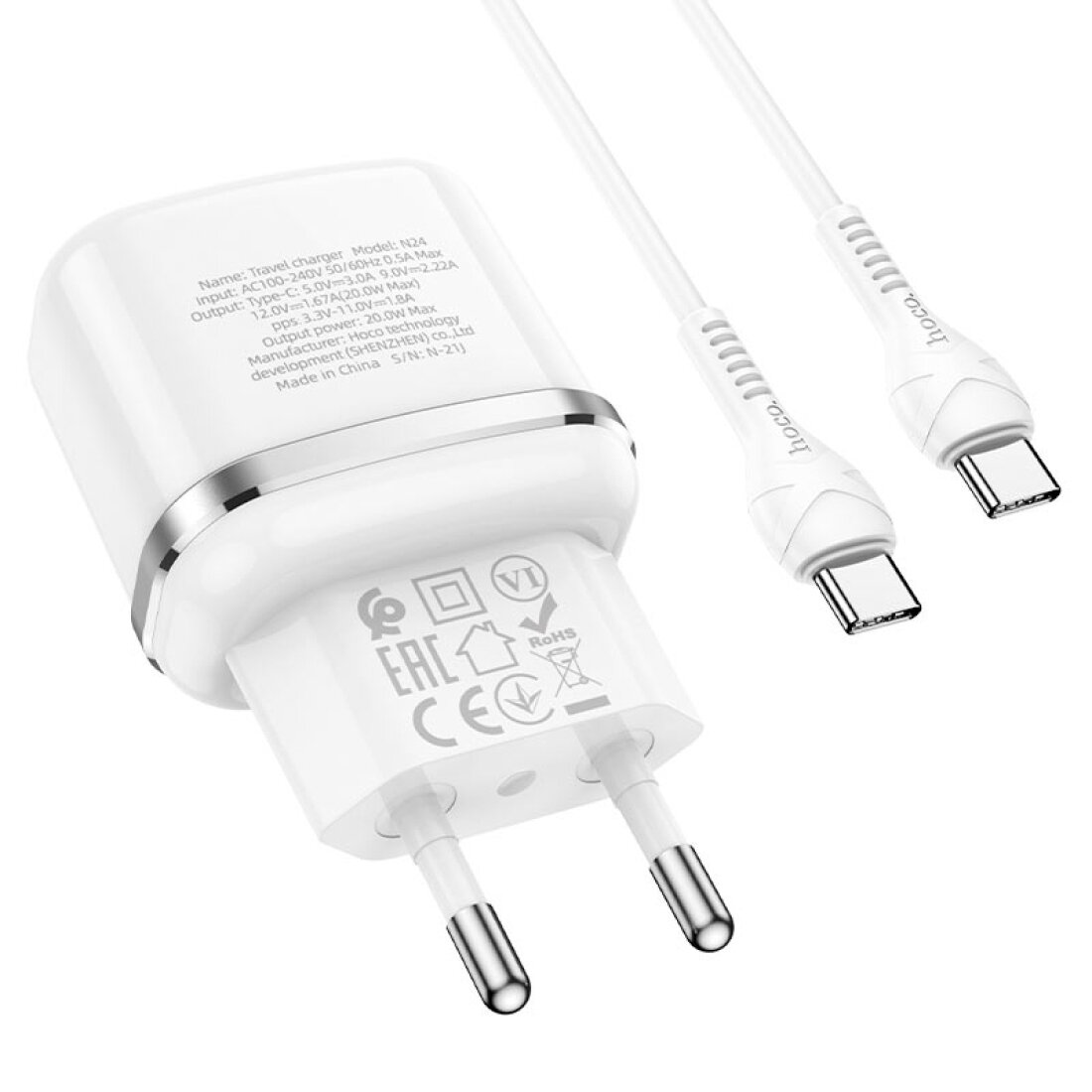 Сетевое зарядное устройство, 1 PD 20W + 1 USB 3.0 QC (N24), HOCO, Type-C to Type-C, белый