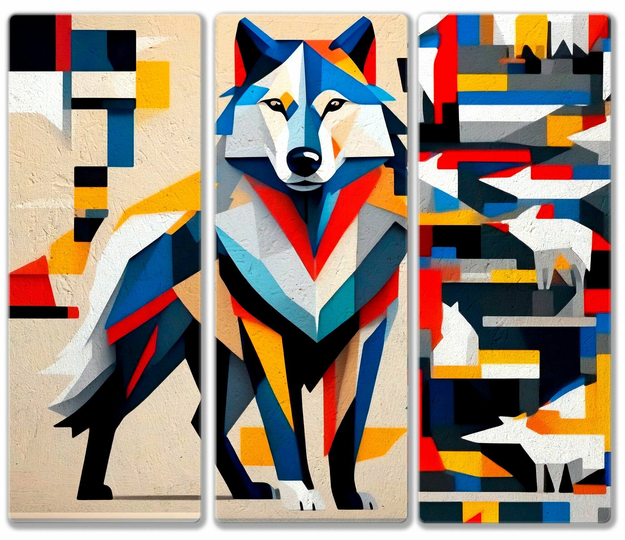 Картина модульная. Триптих/ "Волк в стиле Малевича". Серия "Животные" /Фреска на доске/80*94см