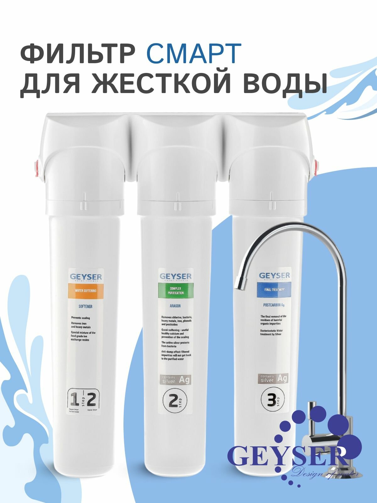 Компактный фильтр для воды под мойку Гейзер Смарт для жесткой воды с быстросъемными картриджами
