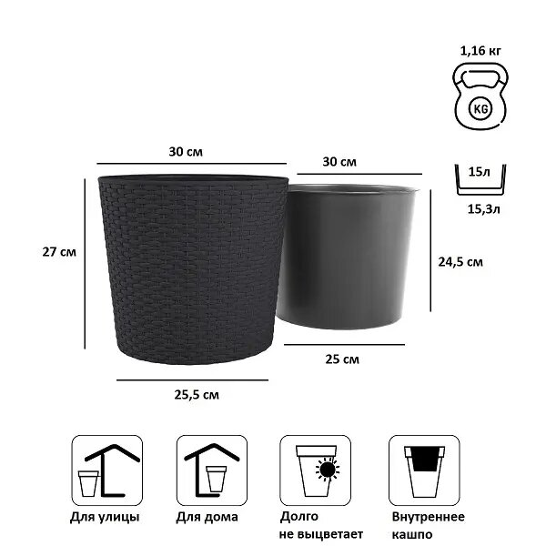Кашпо для цветов Prosperplast Rato Round 15,3+15л, антрацит
