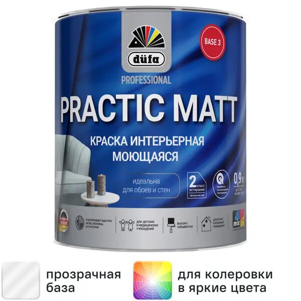 Краска для стен и потолков Dufa Prof Practic Matt матовая цвет прозрачный база Б3 0.9 л