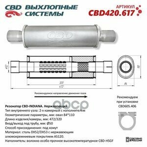 Резонатор CBD-indiana l480, овал 110мм, под трубу 50мм. нержавеющий CBD арт. CBD420.617