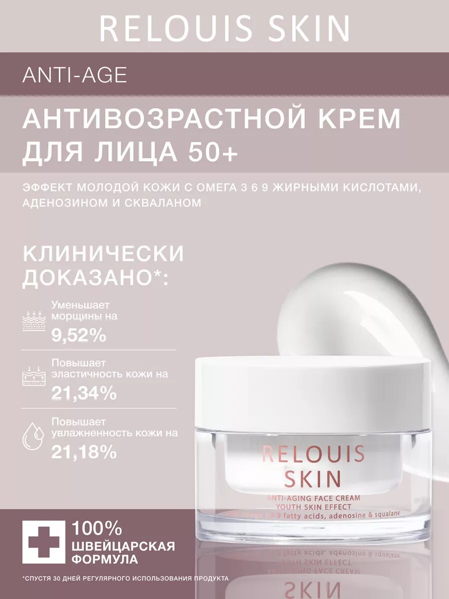 Крем для лица, Relouis Skin 50+, антивозрастной Эффект Молодой Кожи с омега 3 6 9 жирными кислотами 40мл