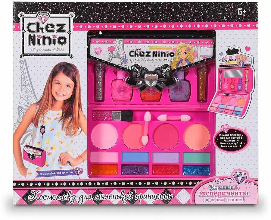 Набор детской косметики КНР лаки для ногтей, блестки, румяна, тени для век, блеск для губ, 3 кисти, зеркало
