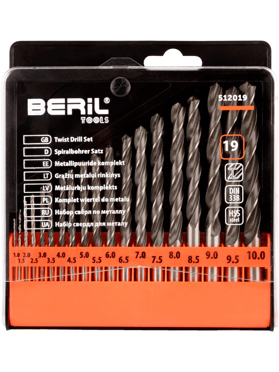 Набор сверл по металлу 1.0-10мм 19 штук BERIL 512019