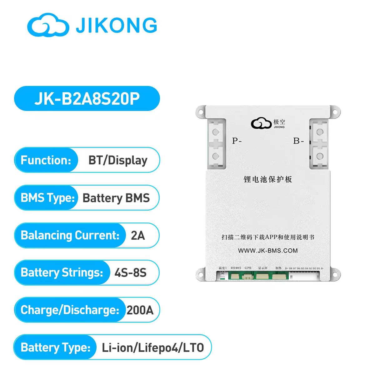 JK BMS JK-B2A8S20P Lifepo4 Li-Ion Lto аккумулятор 200A активный балансир Smart BMS 4S-8S 12V 24V поддержка BT ток 2A