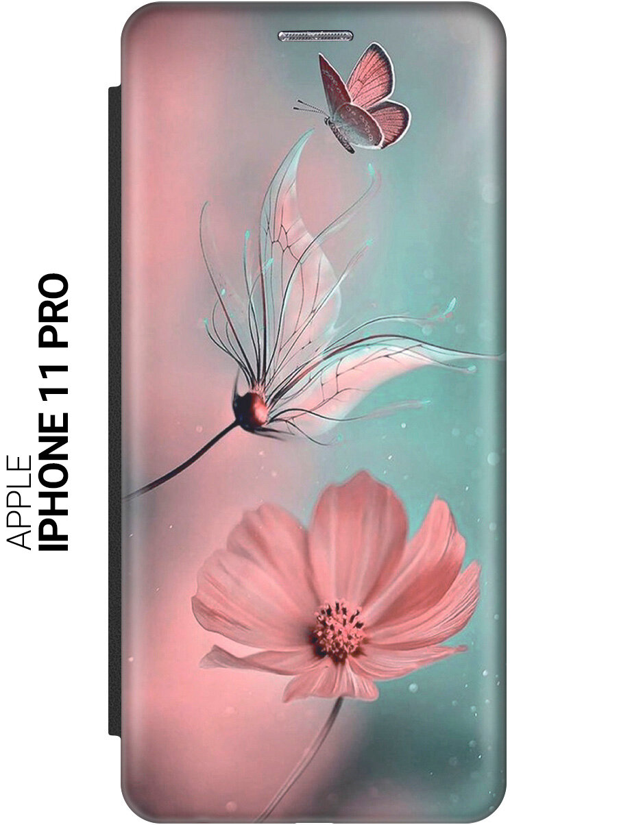 Чехол-книжка на Apple iPhone 11 Pro с принтом "Бабочка и цветы" черный