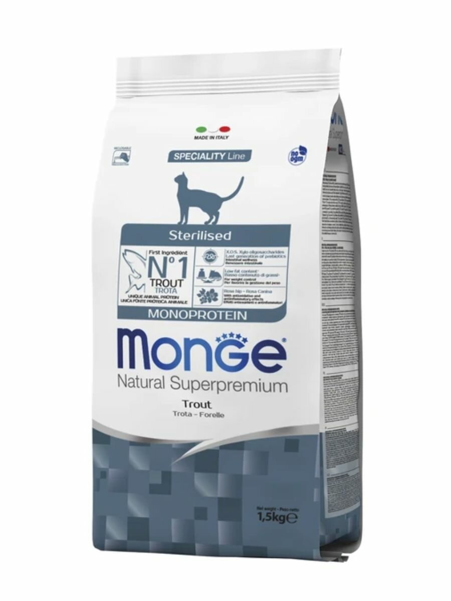 MONGE Monoprotein Сухой корм для стерилизованных кошек с форелью 1,5 кг