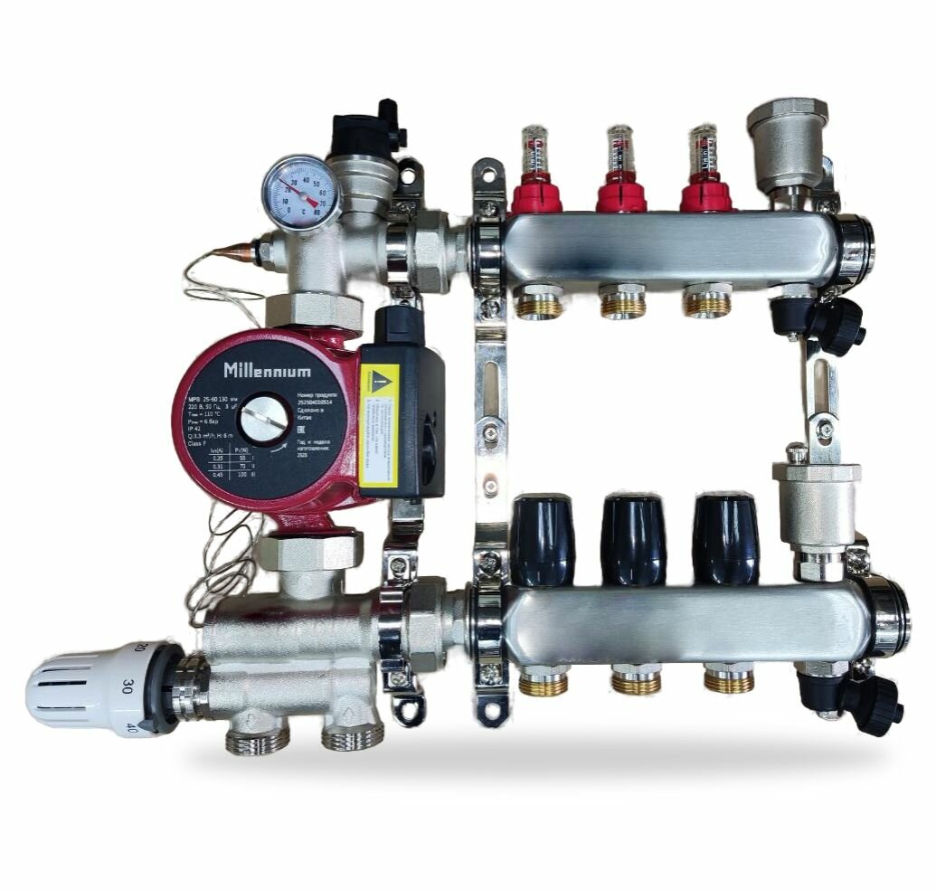 Коллекторная группа для теплого пола на 3 контура с насосом MPS 25-60, смесительным узлом от 20-60С и евроконусами до 50 кв/м Millennium