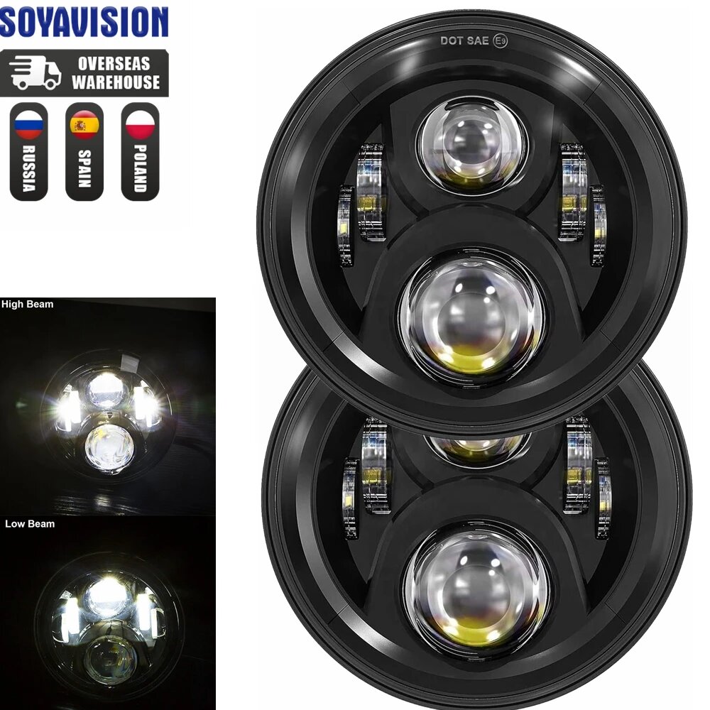 Автомобильные фары, светодиодные 7-дюймовые мотоциклетные фары для внедорожников, 60 Вт, Рабочая лампа, 12 В, 24 В для Jeep Halo JK, фары TJ Land Rover 2 pcs Black Light
