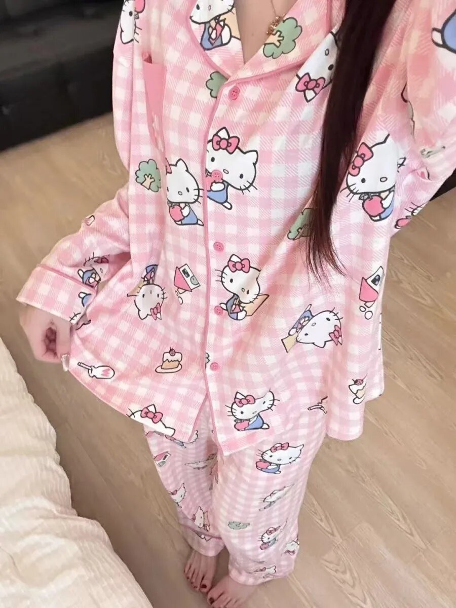 Новая пижама Hello Kitty от Sanrio, аниме, розовая, милая и очаровательная, для дома, с принтом KT, осенне-зимний комплект пижамы для девочек-студенток.