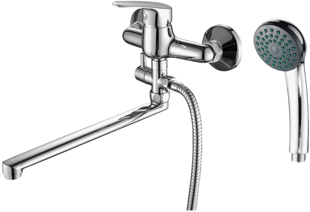 Смеситель с длинным изливом для ванны Fashun A2116 с душевым гарнитуром, поворотный, латунный, хром, глянцевый, смеситель для ванны с душем, рычажный, с настенным держателем