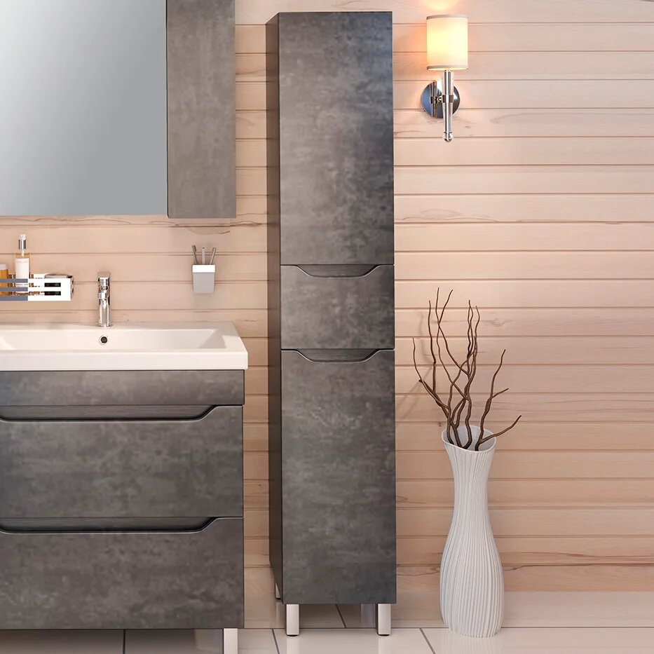 Шкаф-пенал для ванной Emmy Стоун R 35 см, серый, матовый, с ящиком, с дверками, из МДФ