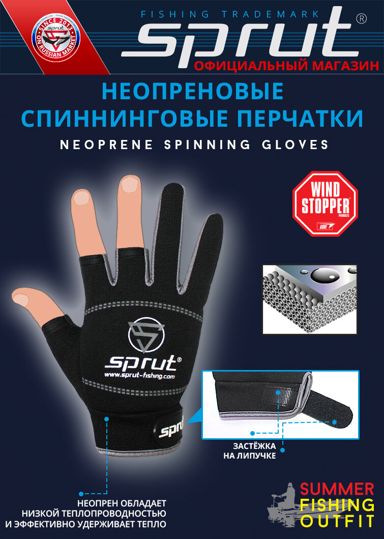 Перчатки неопреновые трехпалые Sprut Spinning (Серый-OS)