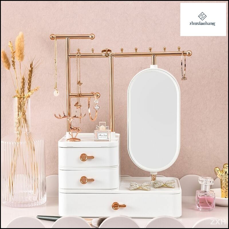 Эксклюзивный настольный органайзер с зеркалом премиумкласса для систематизации косметики, ювелирных украшений и средств по уходу за кожей, представляющий собой многофункциональную коробку для хранения помад и других аксессуаров