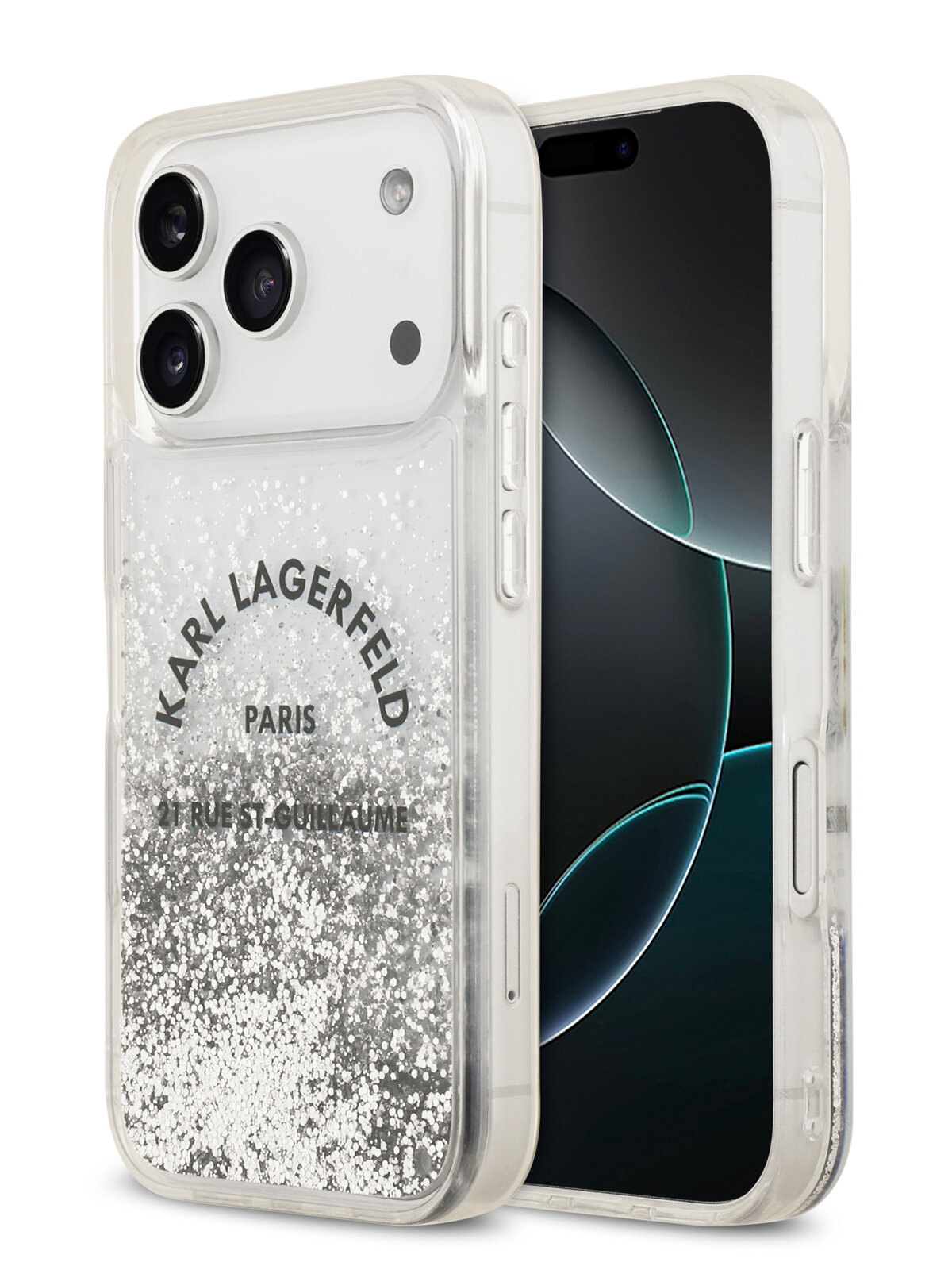 Чехол Karl Lagerfeld на iPhone 17 Pro, Liquid Glitter с жидким гелем и блестками, серебристый