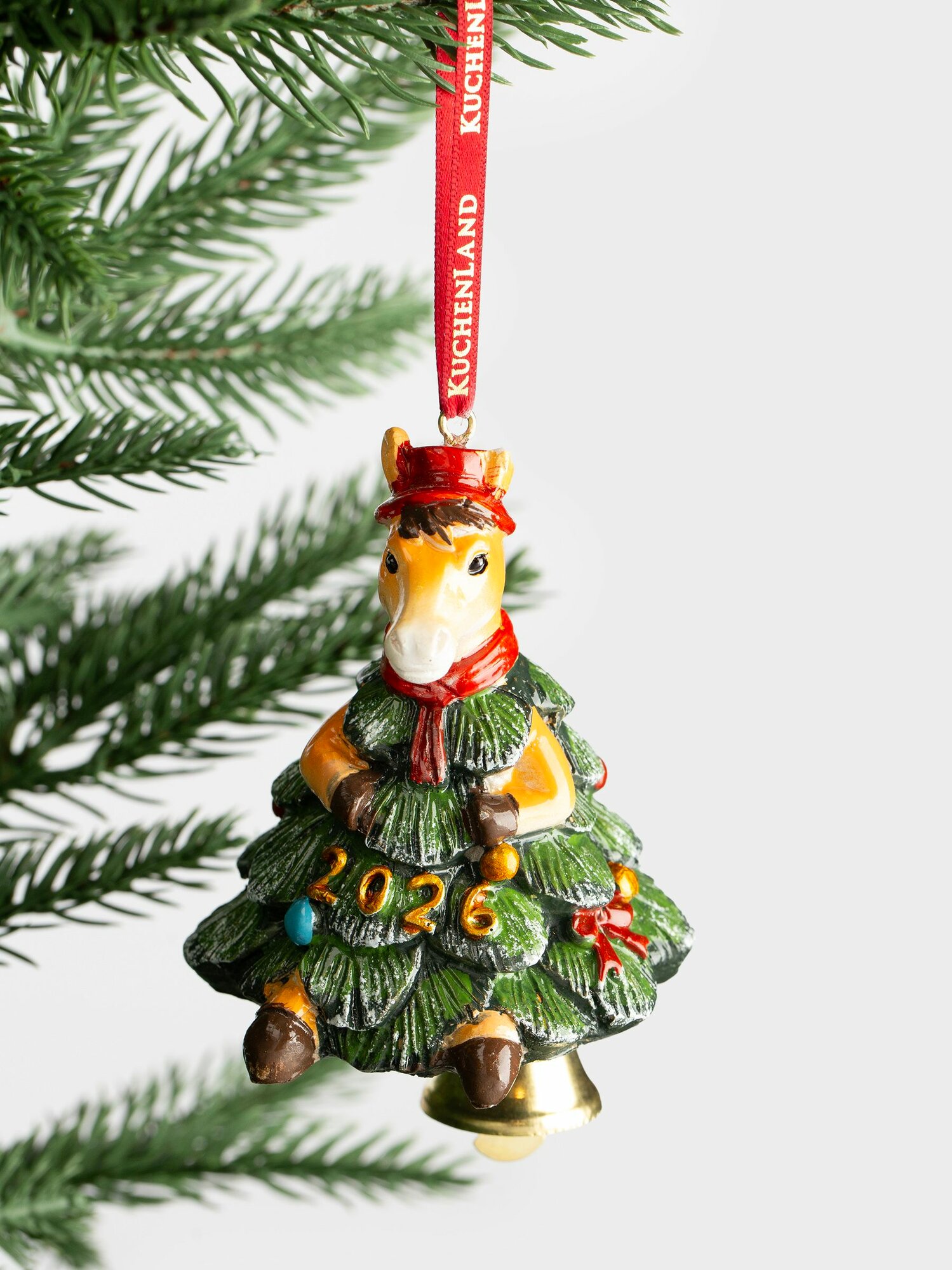 Игрушка елочная, 8 см, полирезин, зеленая, Лошадка с колокольчиком, Figure christmas, Kuchenland