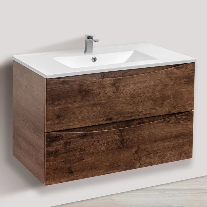 Тумба с раковиной Vincea Mia 80 подвесная, 81, 5 см, темное дерево, матовая, из МДФ, с ящиками, раковина для ванной, фарфоровая, прямоугольная, встроенный слив-перелив