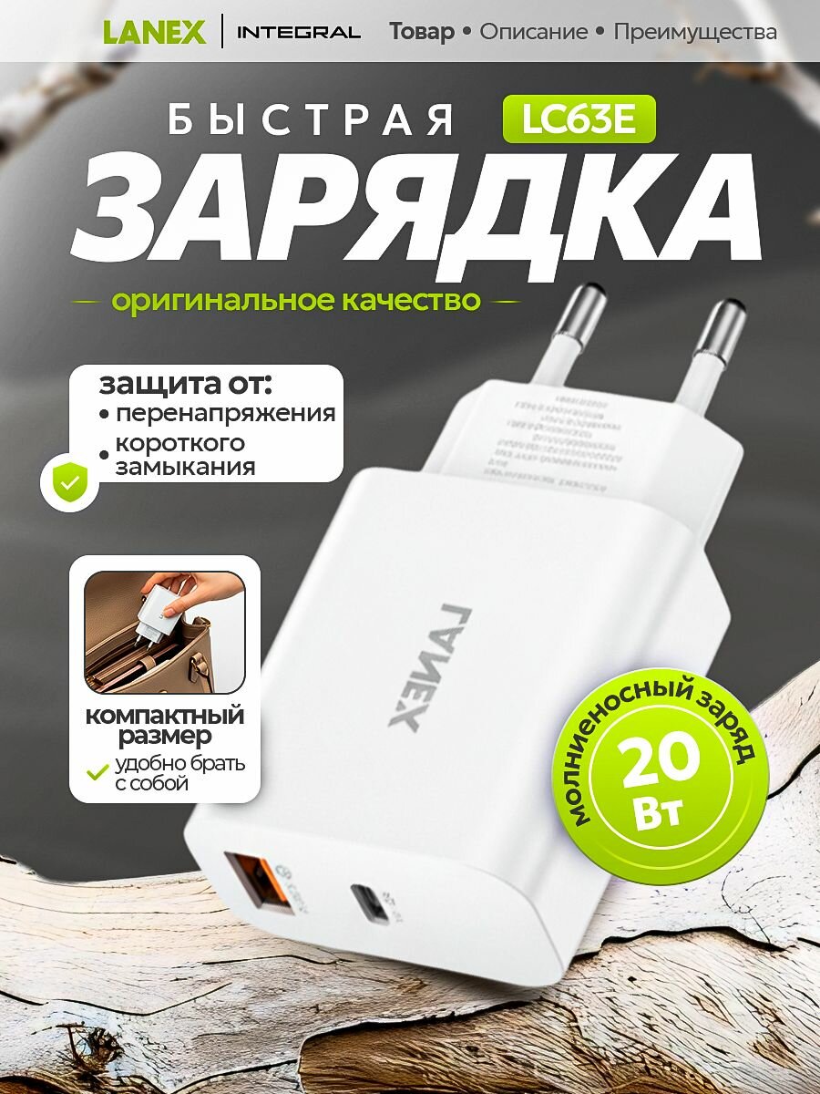 Сетевое зарядное устройство LANEX LC63E, PD30W, QC3.0, USB-A+USB-C, Белый