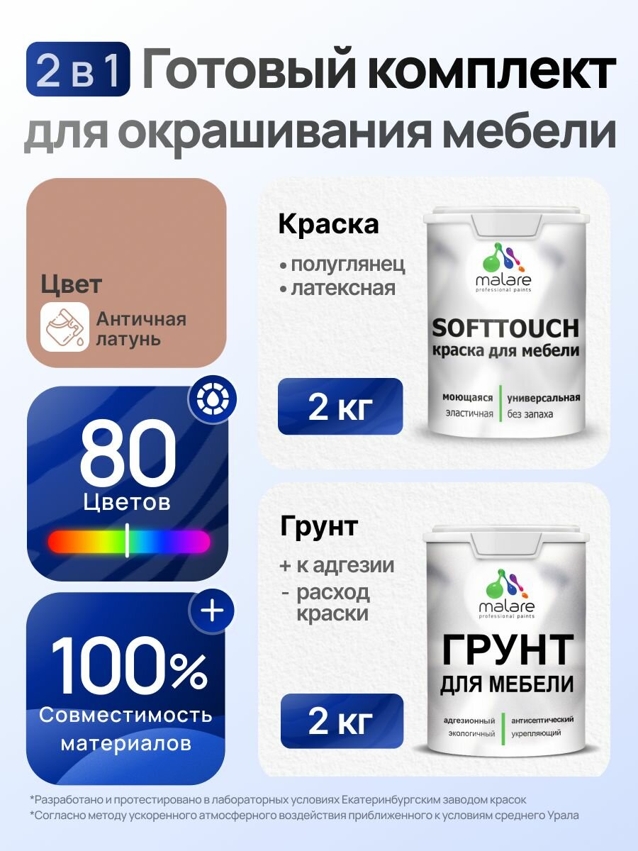 Комплект Malare SoftTouch для окрашивания мебели (2кг грунт + 2кг краска), акриловый, без запаха, быстросохнущий, полуглянцевый, цвет античная латунь